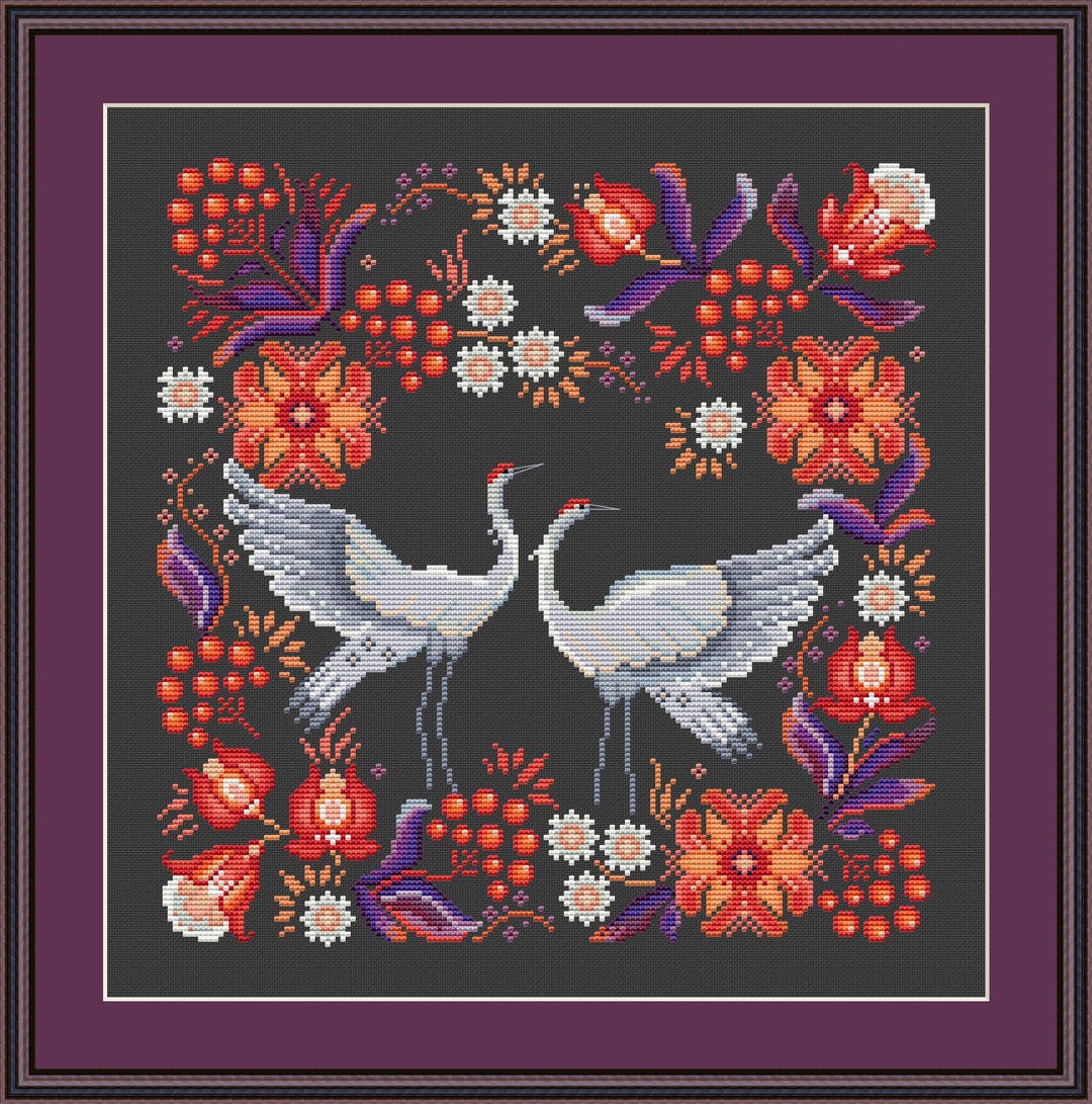 Dance of the Cranes Cross Stitch Pattern: Ethnic Flowers (PDF Pattern ...