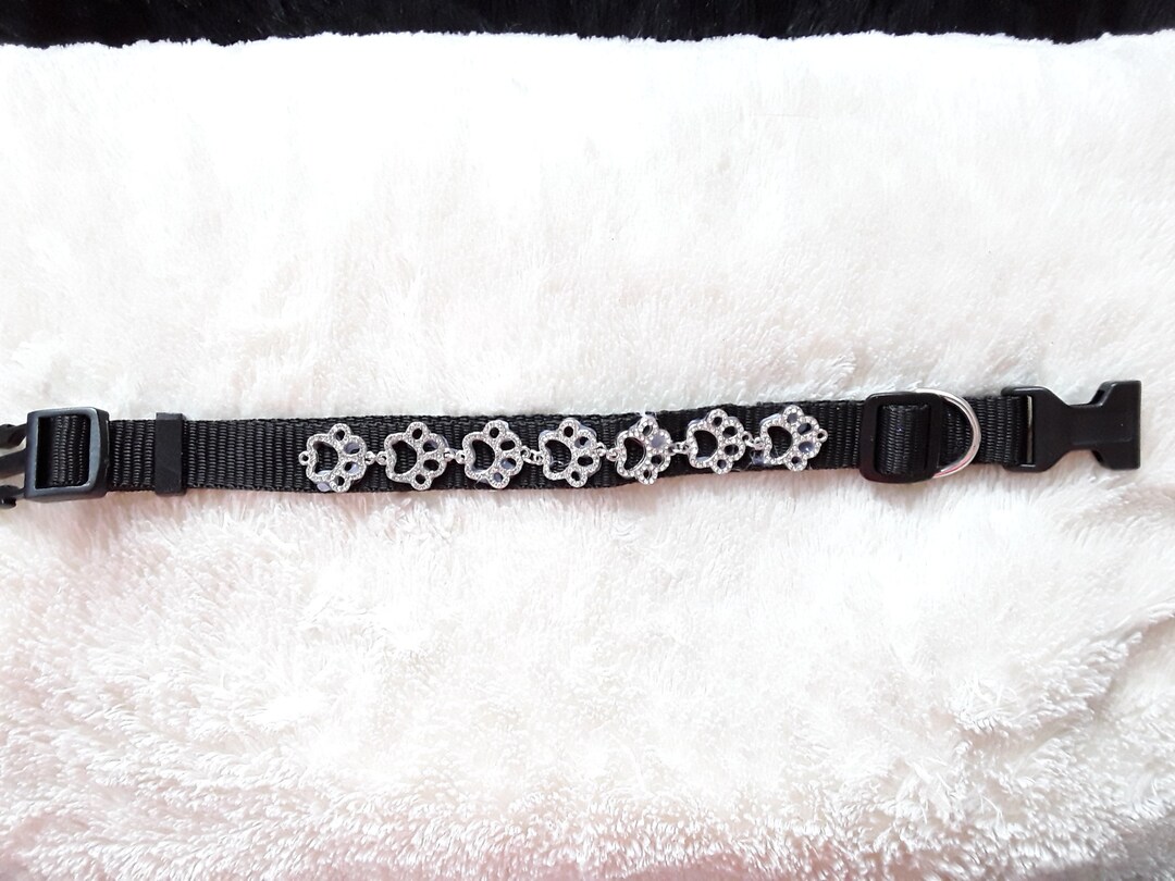 Black Woven Adjustable Collar With Crystal Paw Prints - Etsy