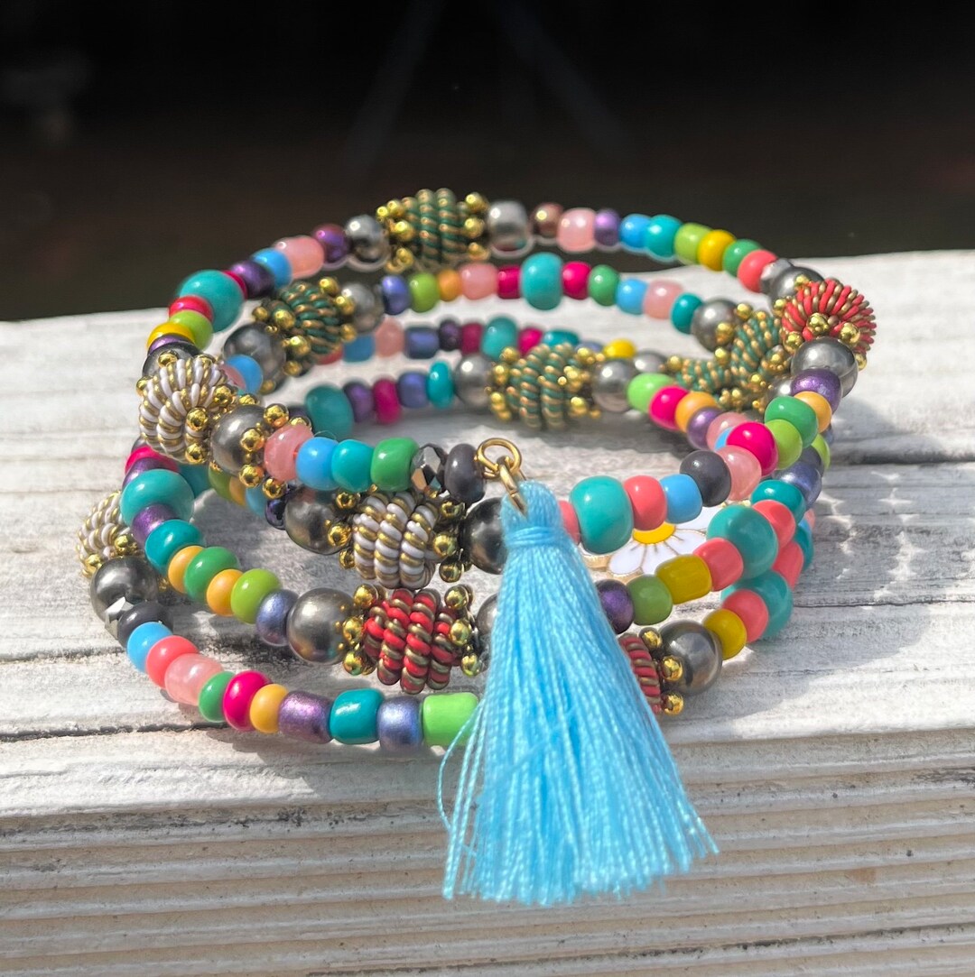 Multi Color Seed Bead Boho Style Multi Layer Beaded Wire Wrap Bracelet ...