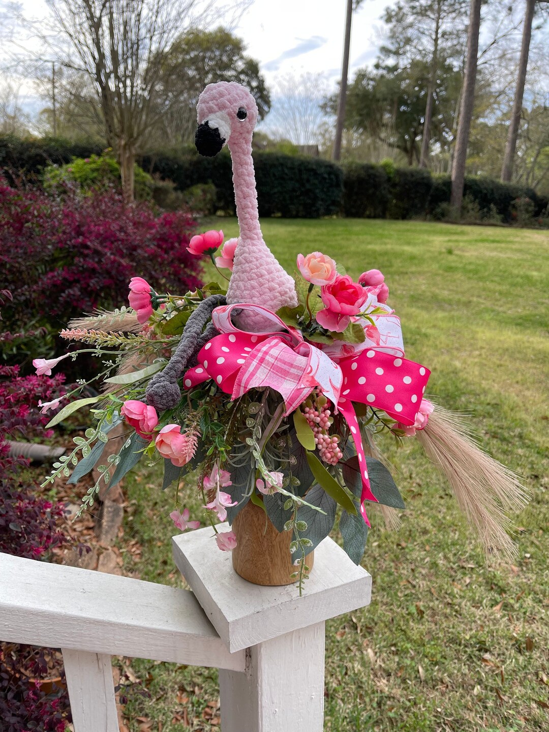 Flamingo Table Decor, Centerpiece With Crocheted Flamingo, Tropical Mantle Decoration, Beach ...