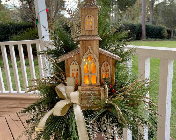Lighted Church Centerpiece Arrangement, Illuminated Church Christmas ...