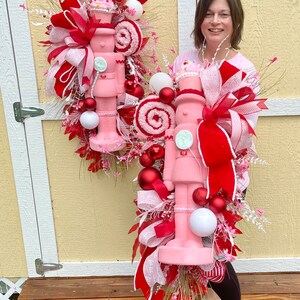 Pink Red and White Flocked Nutcracker Peppermint Door Swag, Christmas ...