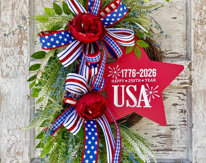 America 250 Patriotic Wreath Swag, Red White Blue Door Hanger, USA 1776 ...
