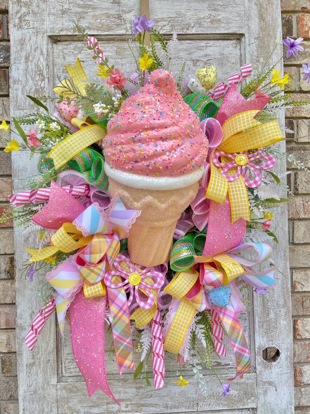 Ice Cream Cone Wreath | Summer Front Door Decor | Pink Glitter Wreath ...