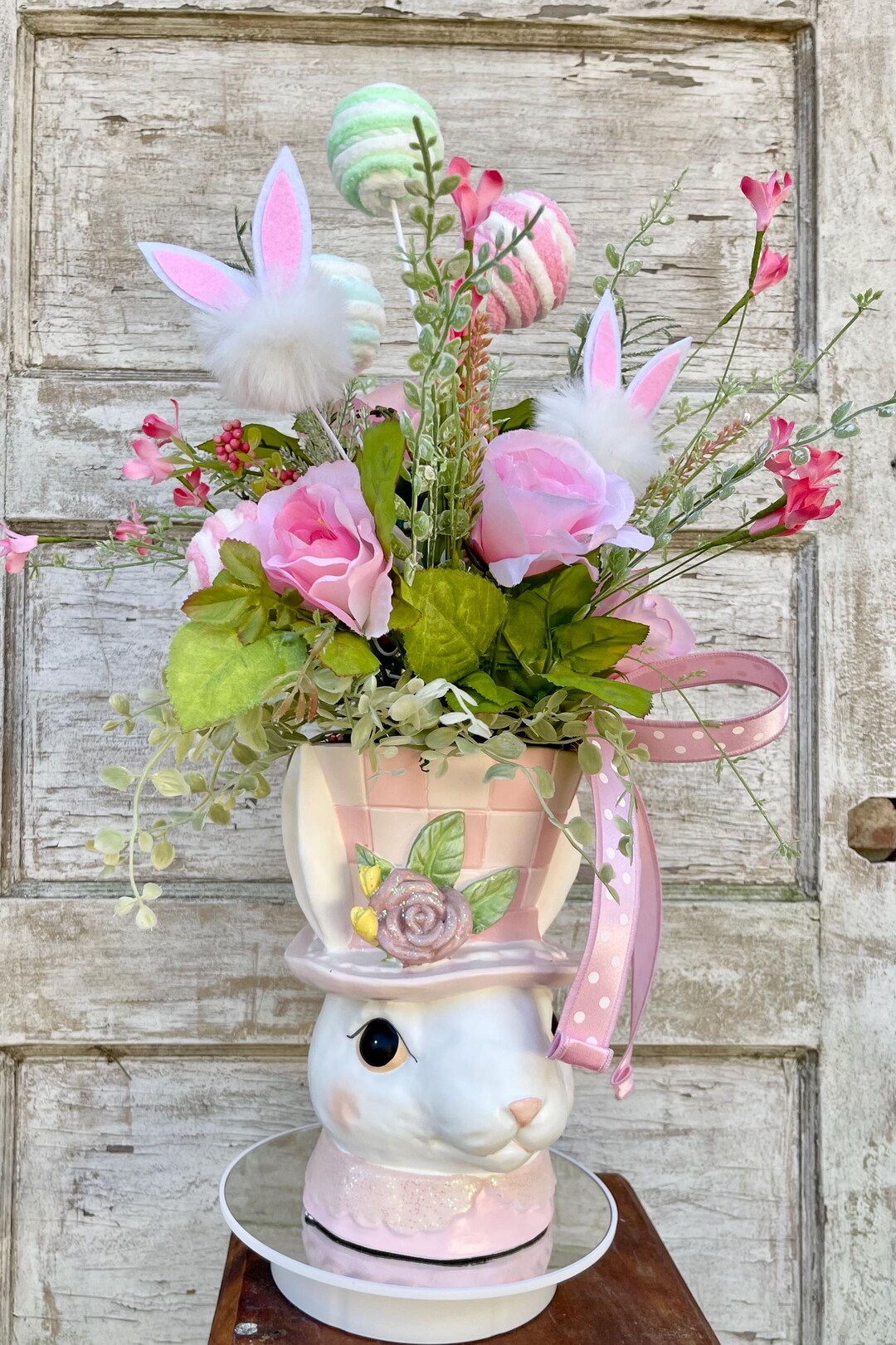 Bunny Rabbit Head Centerpiece: Pink Top Hat, Pastel Floral Easter Decor ...