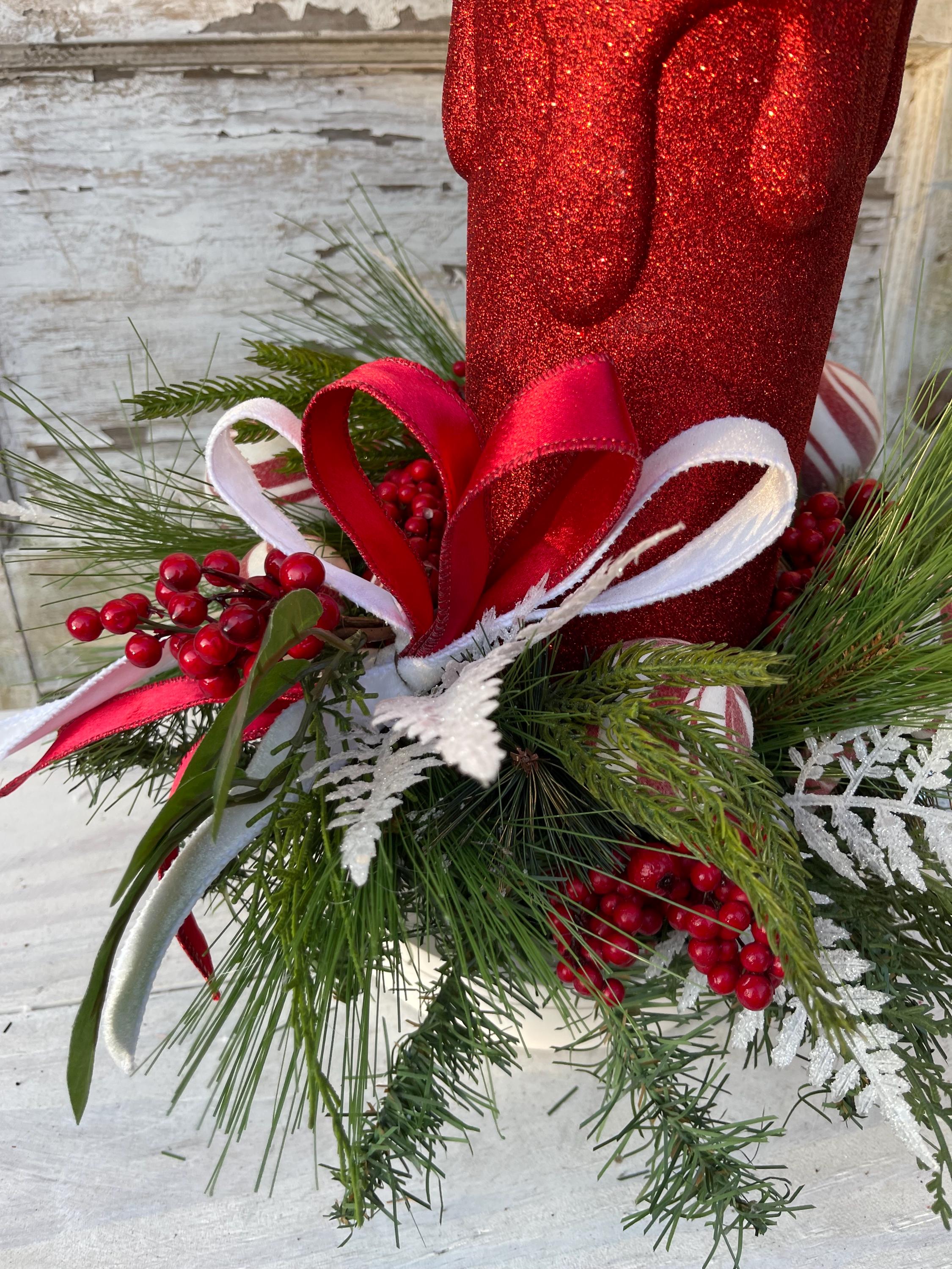 Red Glitter LED Candle Christmas Arrangement | Peppermint Ornaments ...