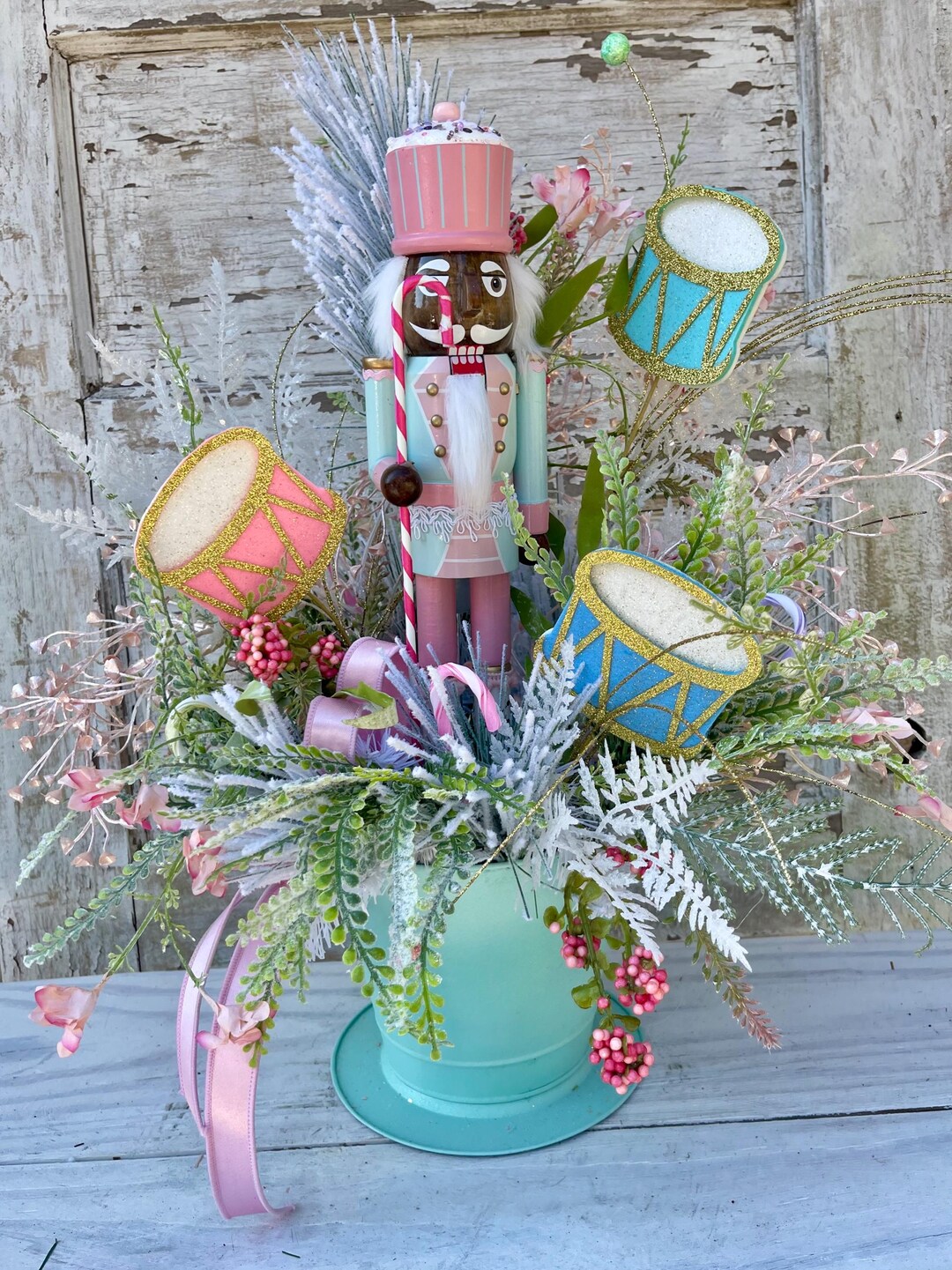 Pastel Nutcracker Christmas Centerpiece, Frosted Greenery, Handmade ...