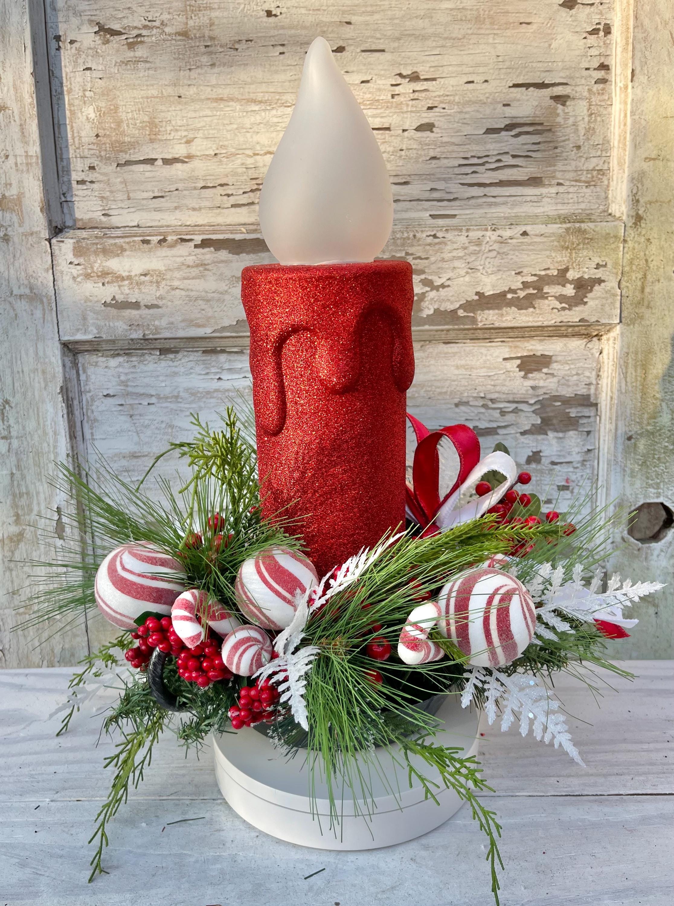 Red Glitter LED Candle Christmas Arrangement | Peppermint Ornaments ...