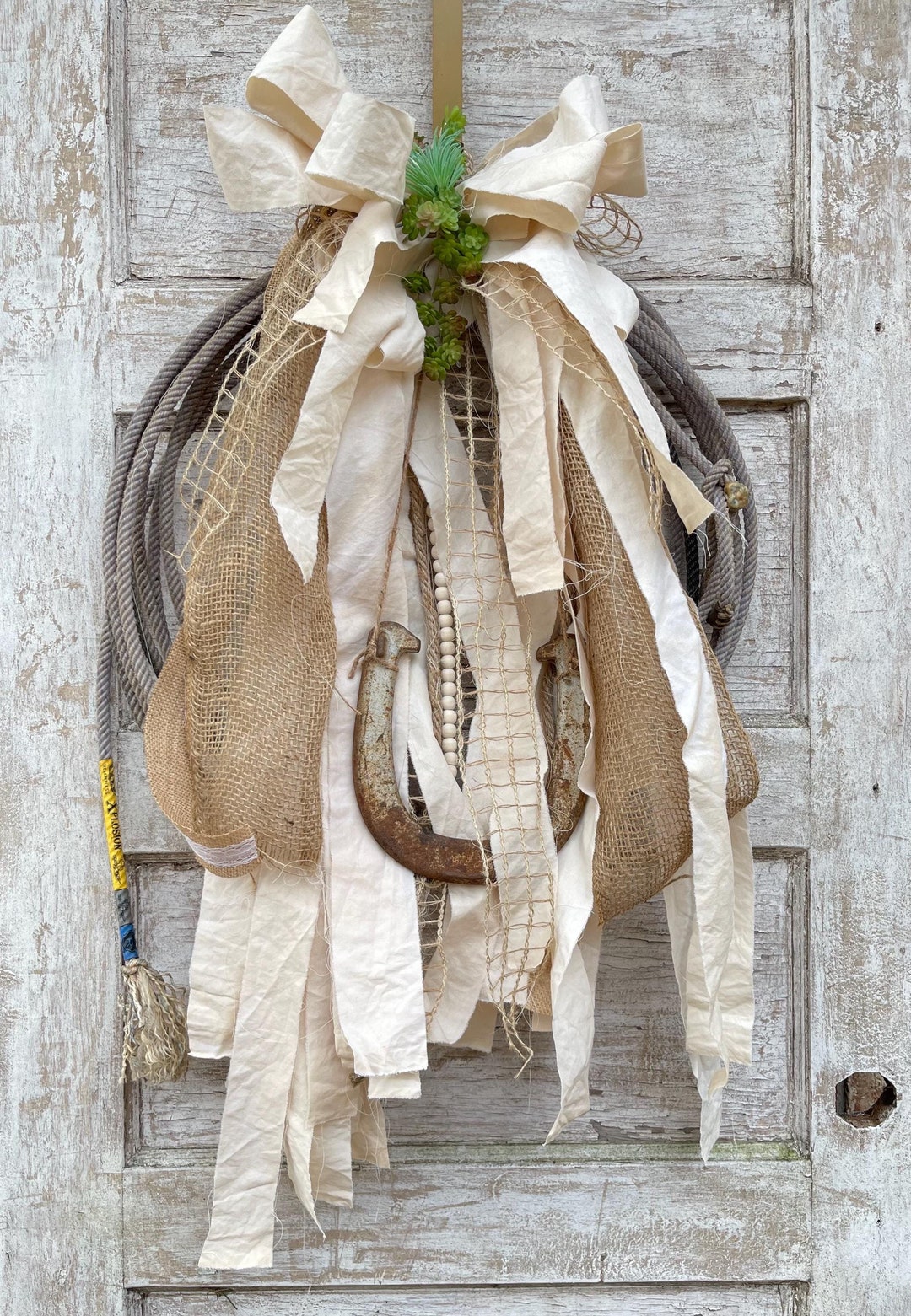 Lasso Wreath: Boho Rag Bow, Horseshoe & Succulent - Western Decor - Etsy