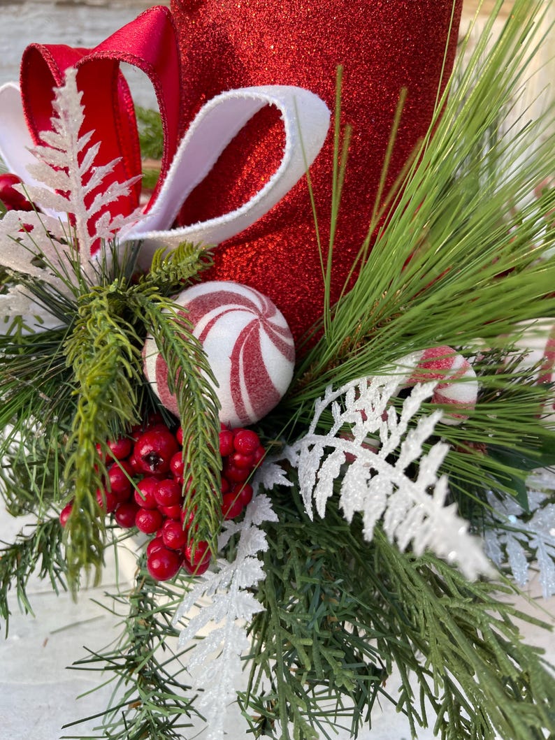 Red Glitter LED Candle Christmas Arrangement | Peppermint Ornaments ...