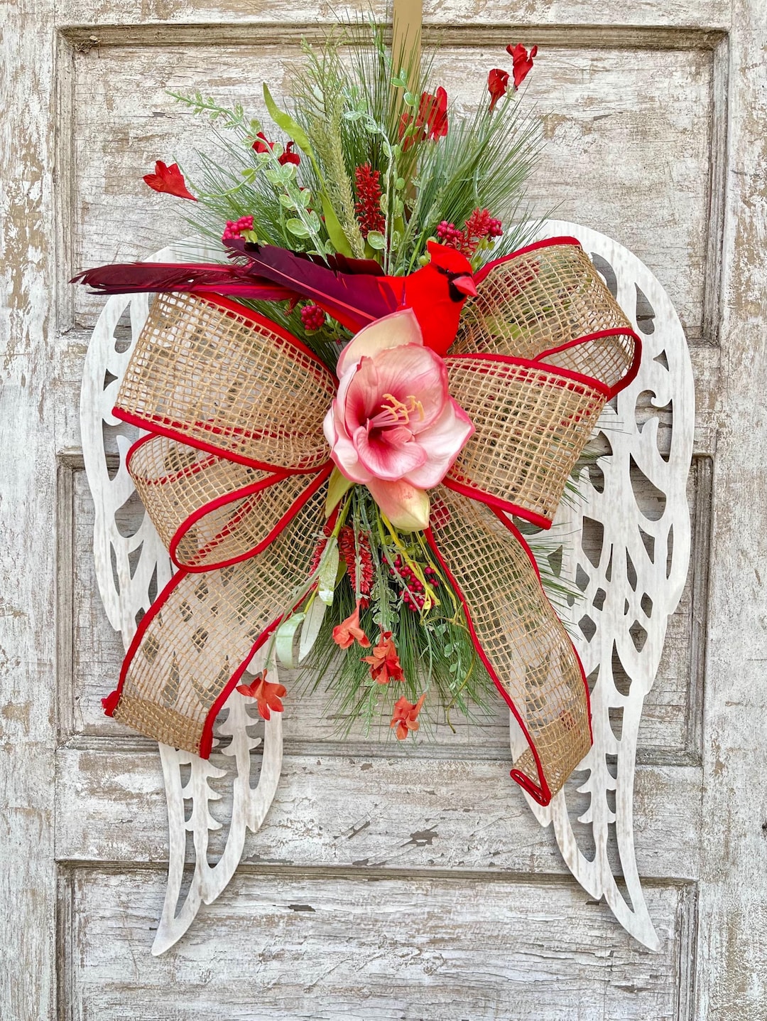 Cardinal Angel Wing Door Hanger | Memorial Wreath With Bow & Flower ...