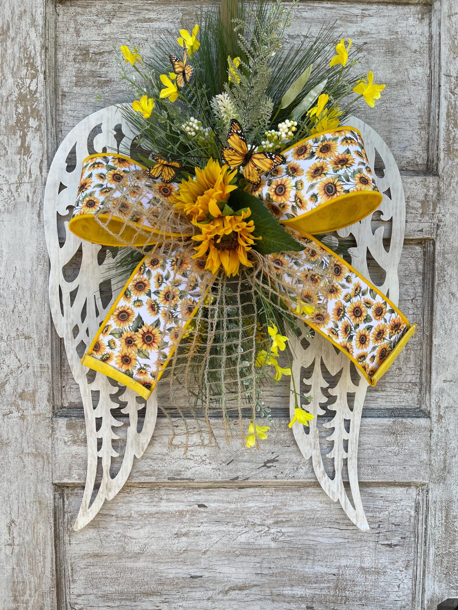 Angel Wing Sunflower Wreath: Cream Metal Filigree, Butterfly Decor - Etsy