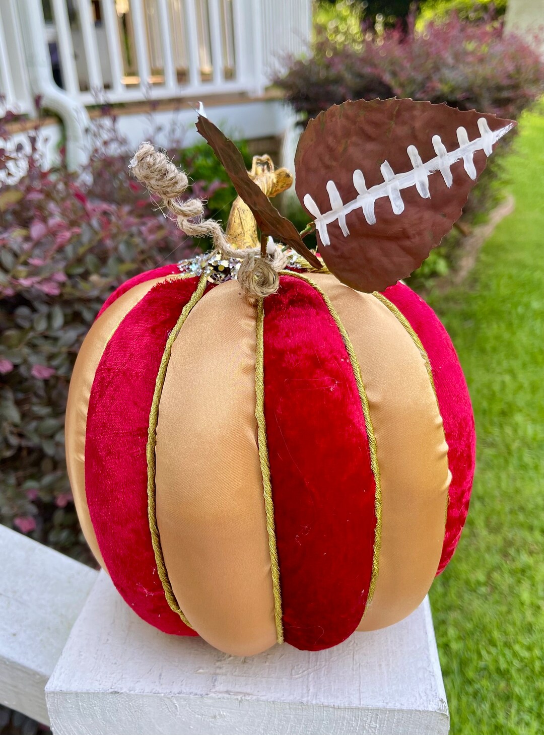 Football Fabric Covered Pumpkin - Fall Home Decor - Garnet Gold Pumpkin ...