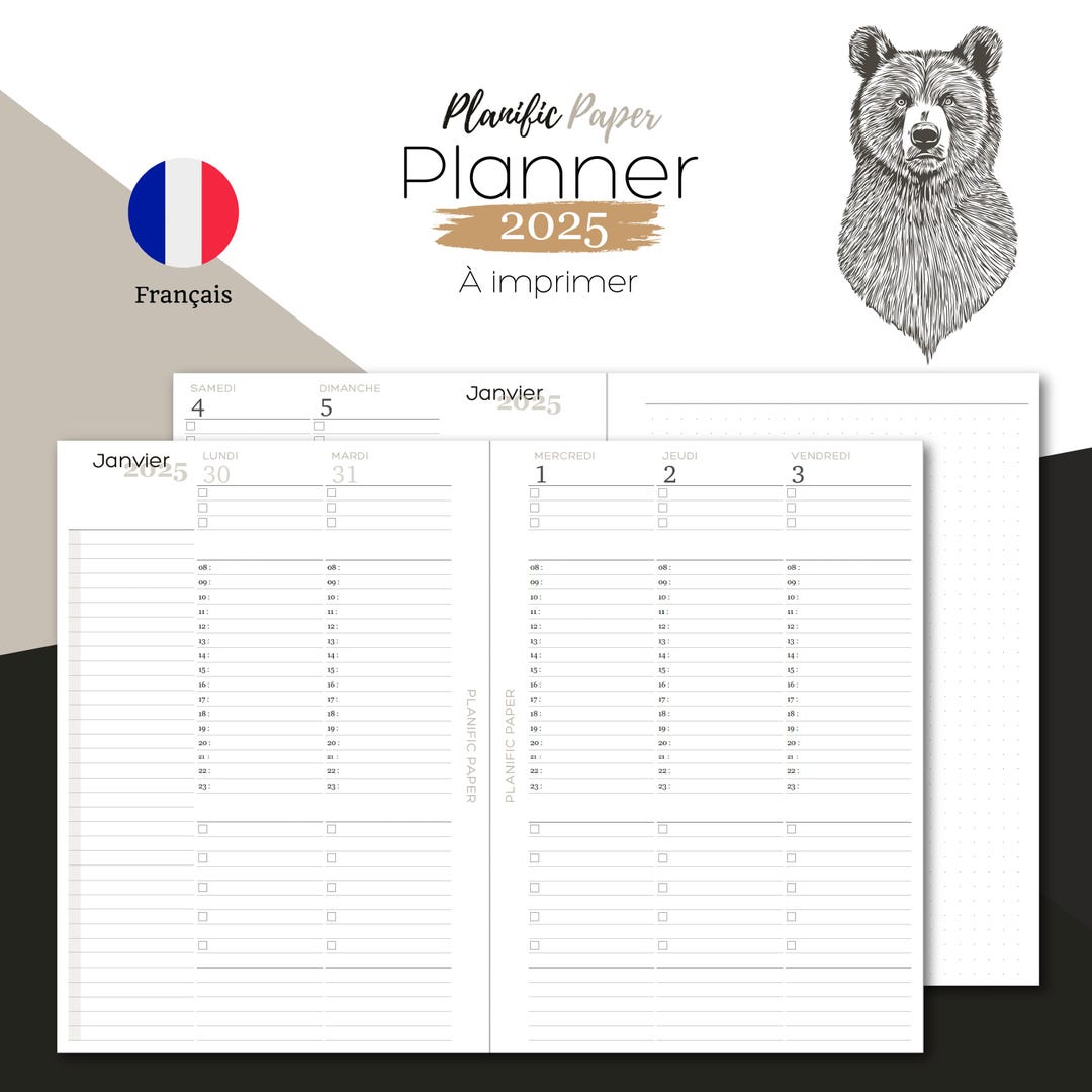 2025 Weekly Planner French A5 Printable - Week on 4 Pages With Times ...