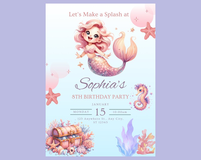 Girls Mermaid Sea Theme, Party Digital Invitation Template, Mobile ...