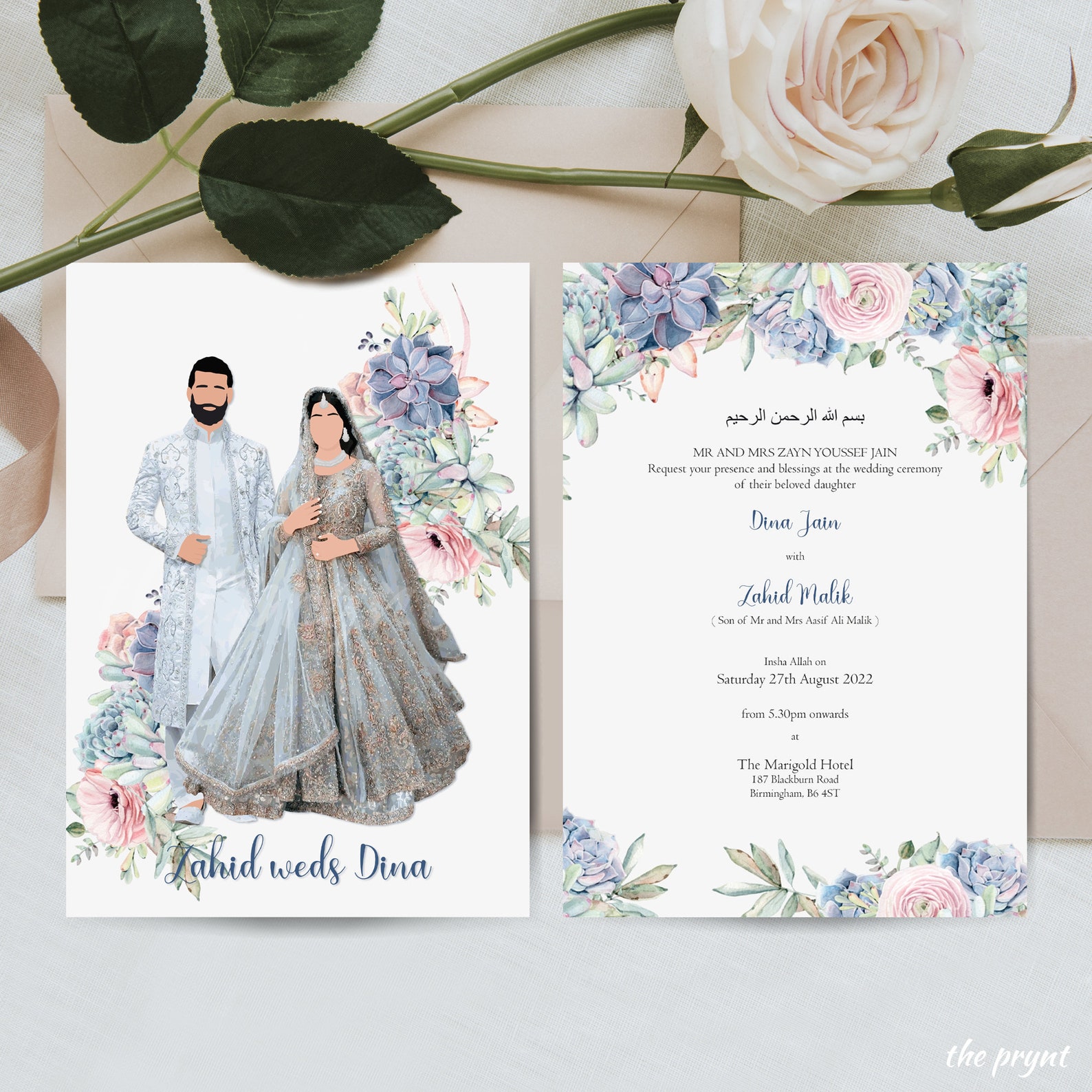 A5 Bespoke Illustrated Muslim Wedding Invitation Personalised ...