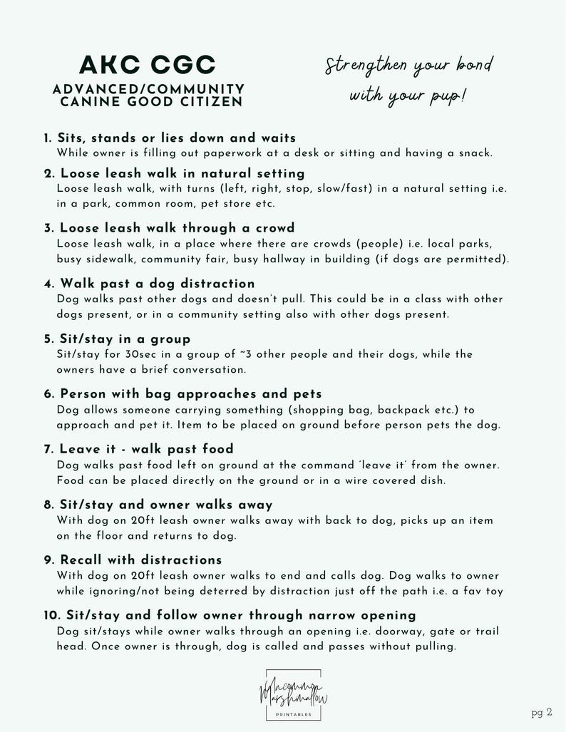 AKC Canine Good Citizen Advanced/community CGCA Dog Training Worksheet ...