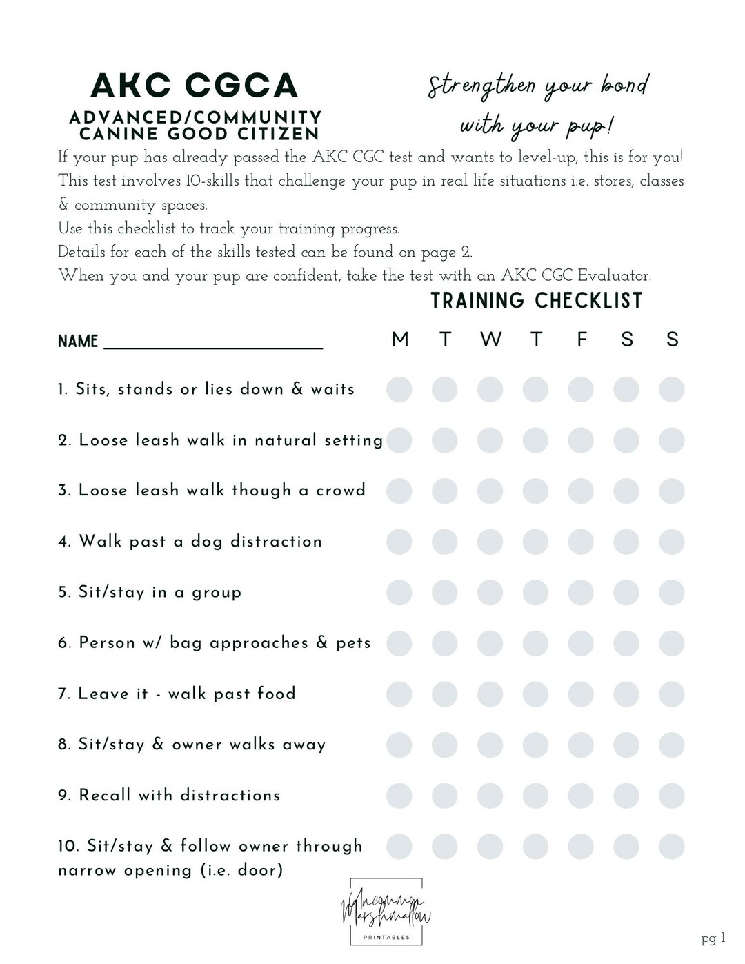 AKC Canine Good Citizen Advanced/community CGCA Dog Training Worksheet Checklist - Printable - Etsy