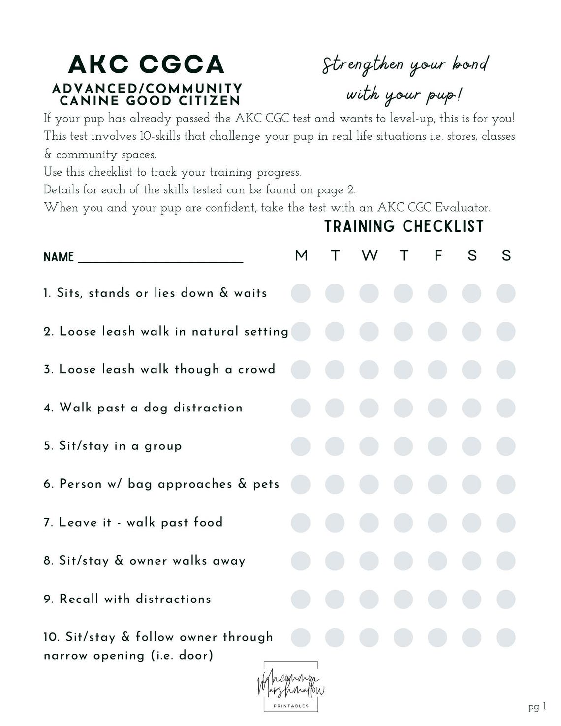 AKC Canine Good Citizen Advanced/community CGCA Dog Training Worksheet ...