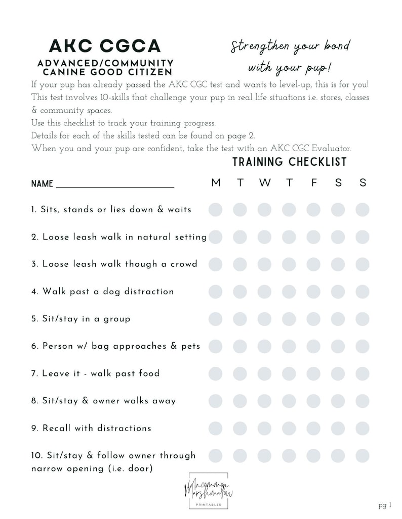 AKC Canine Good Citizen Advanced/community CGCA Dog Training Worksheet ...