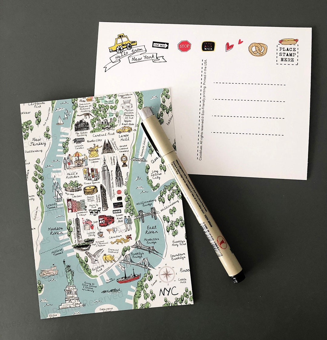 New York Map Postcard, New York City Postcard,map of NYC, NY Landmarks ...