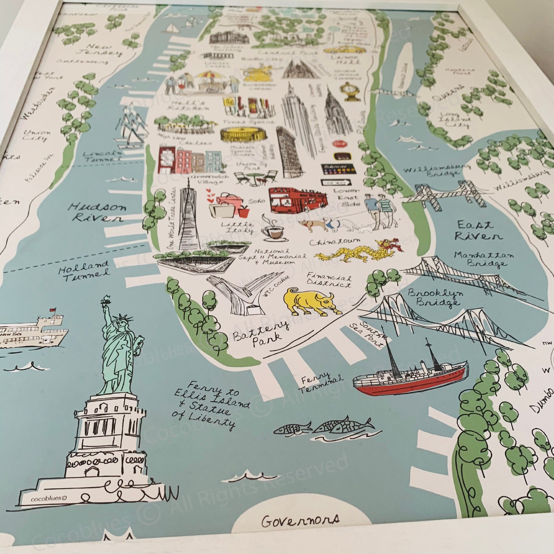 New York Manhattan Map Landmarks Poster Print | New York Print | Map of ...