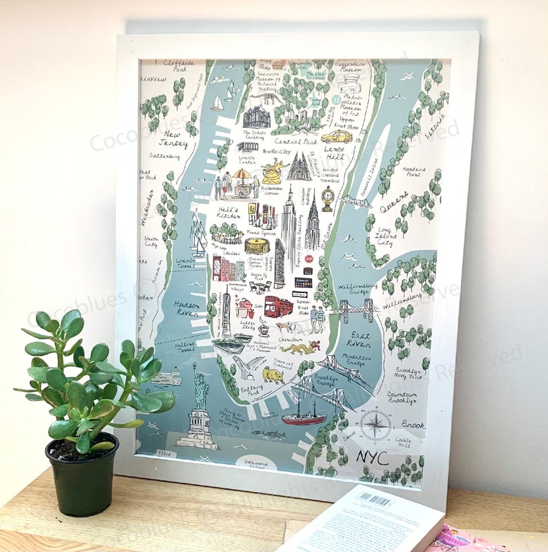 New York Manhattan Map Landmarks Poster Print | New York Print | Map of ...