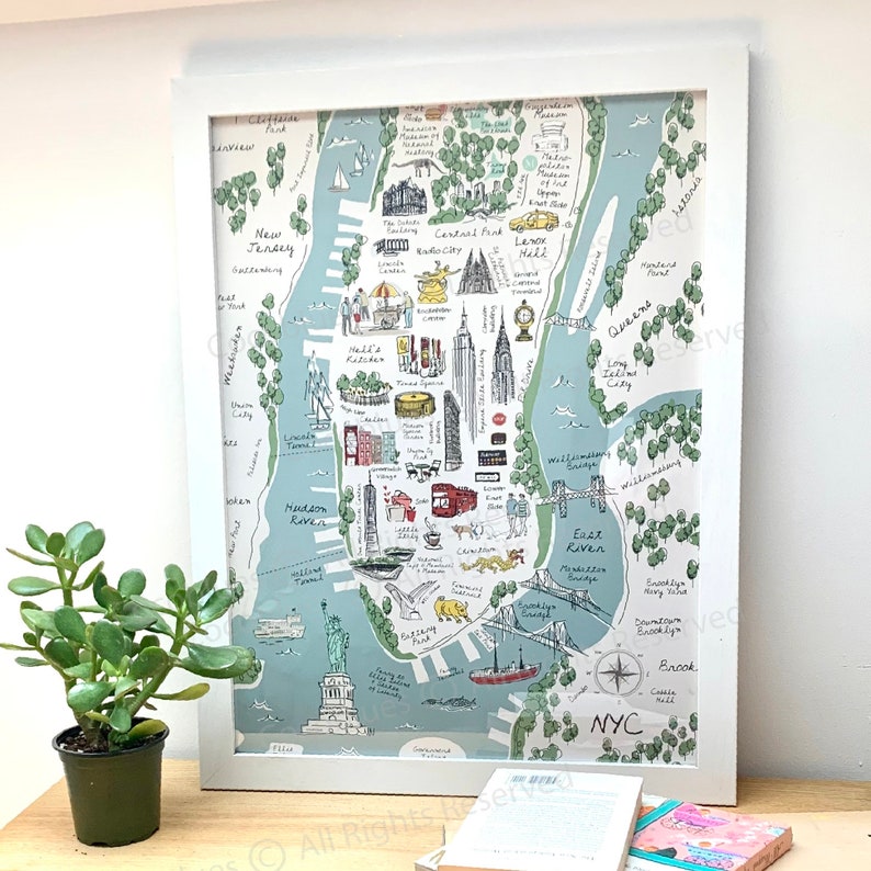 New York Manhattan Map Landmarks Poster Print | New York Print | Map of ...