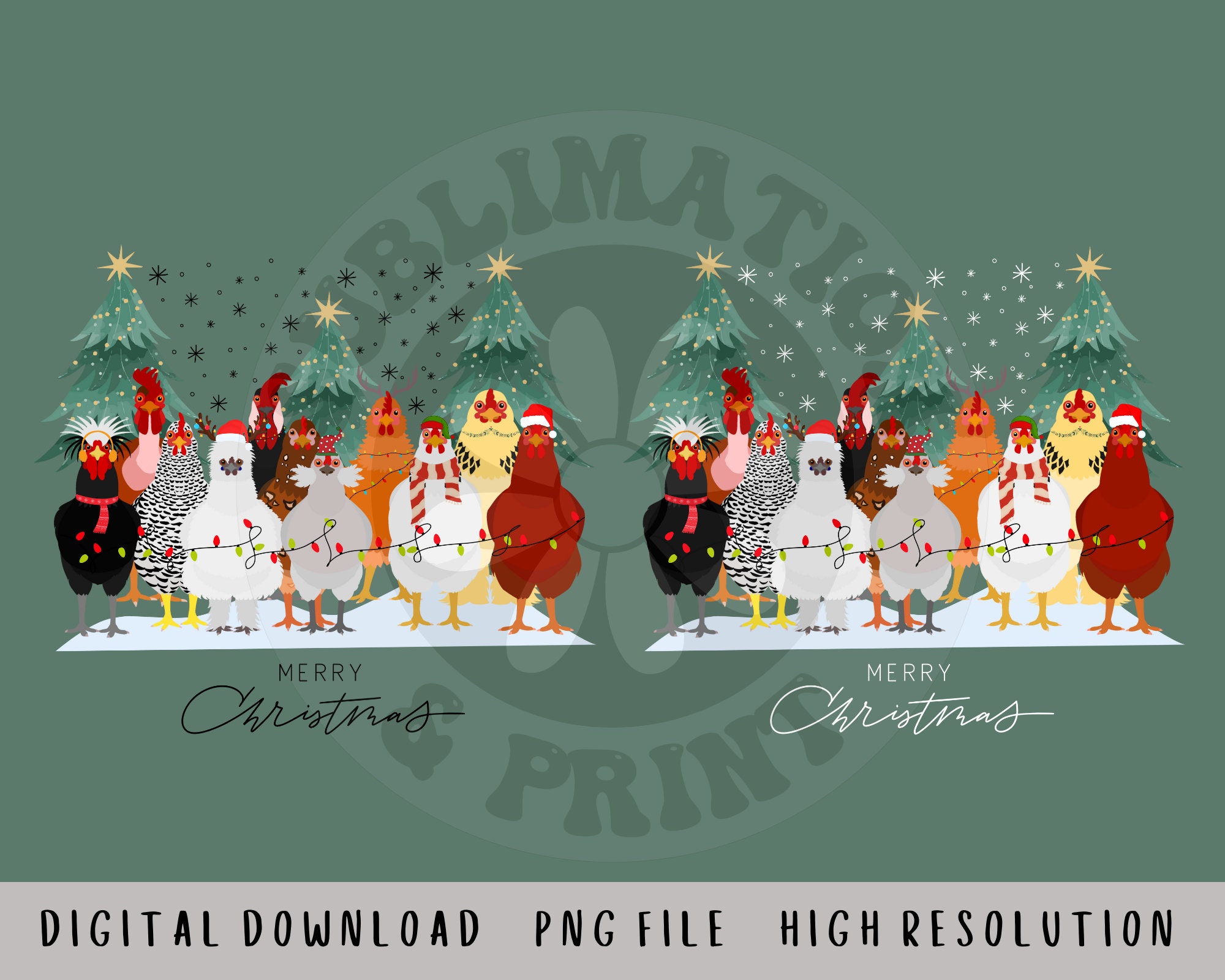 Chicken Graphics Bundle, Christmas Light PNG, Merry Christmas Chicken ...
