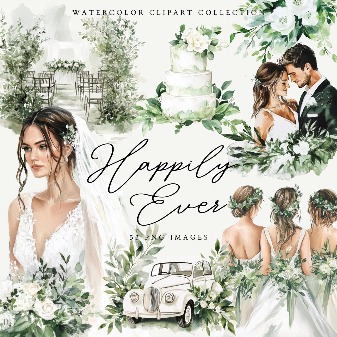 Wedding Watercolor Clipart, Green Wedding Decor PNG, Bride and Wedding ...