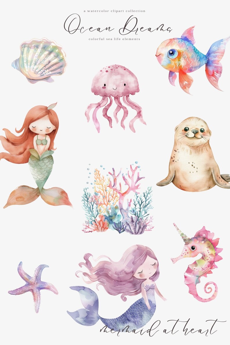 Ocean Clipart Under the Sea Watercolor Clipart Little Mermaid PNG Cute ...
