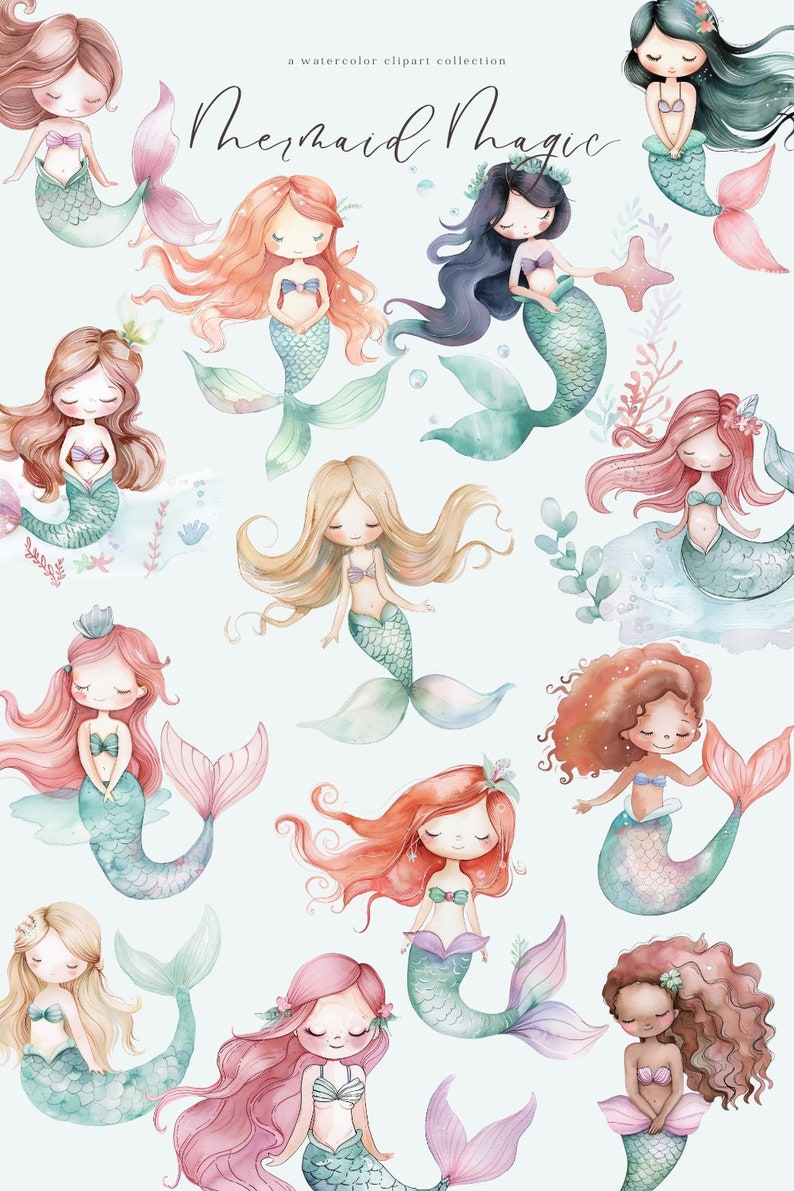 Mermaid Clipart Watercolor Cute Mermaid Png Under the Sea Ocean Animals ...