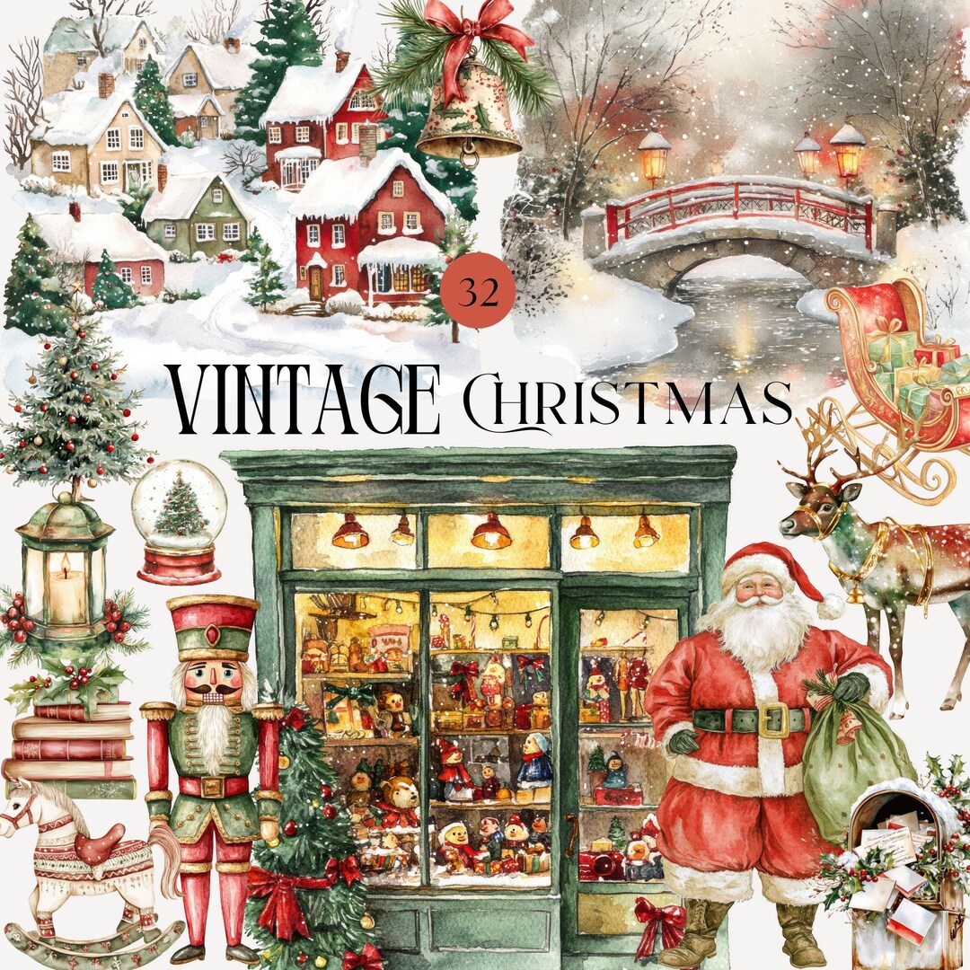 Vintage Christmas Watercolor Clipart, Trendy Christmas PNG for ...