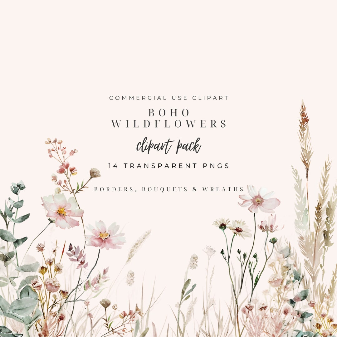 Watercolor Wildflower Boho Floral Clipart Botanical Watercolor Flower ...