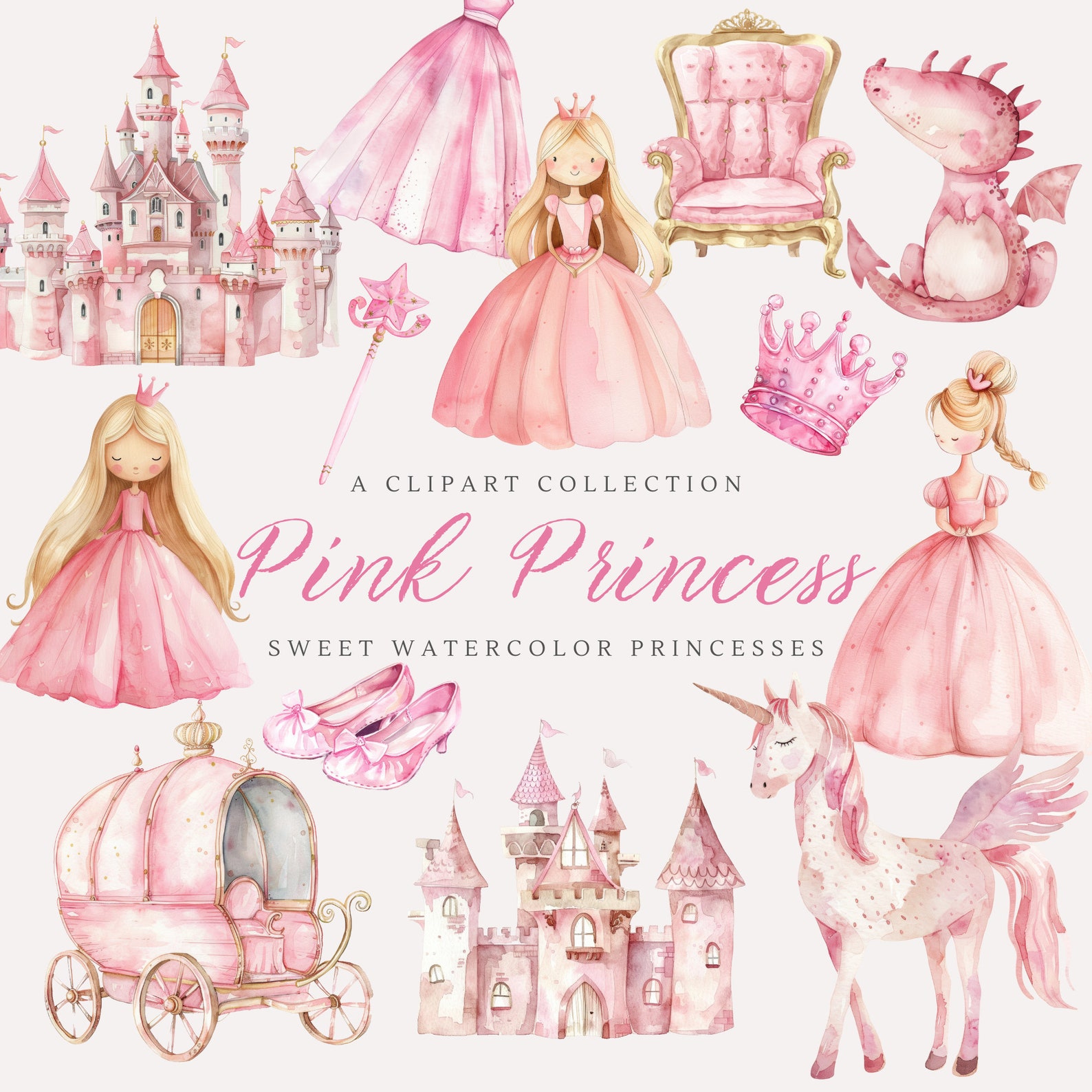 Pink Princess Clipart Watercolor Toddler Princess Birthday Clipart ...
