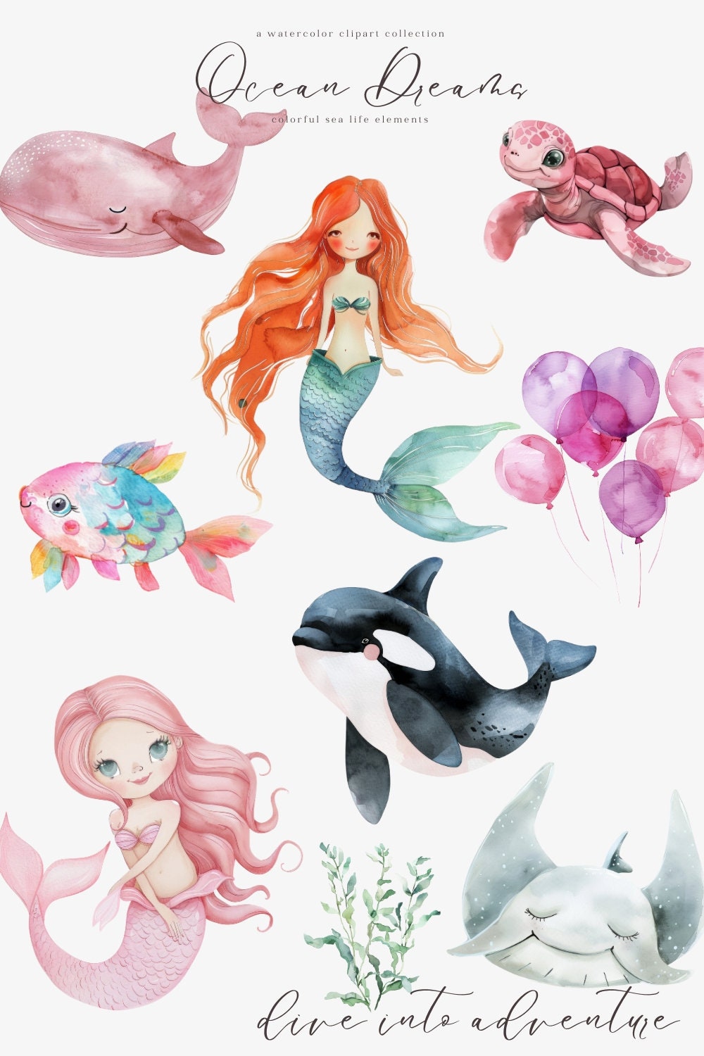 Ocean Clipart Under the Sea Watercolor Clipart Little Mermaid PNG Cute ...