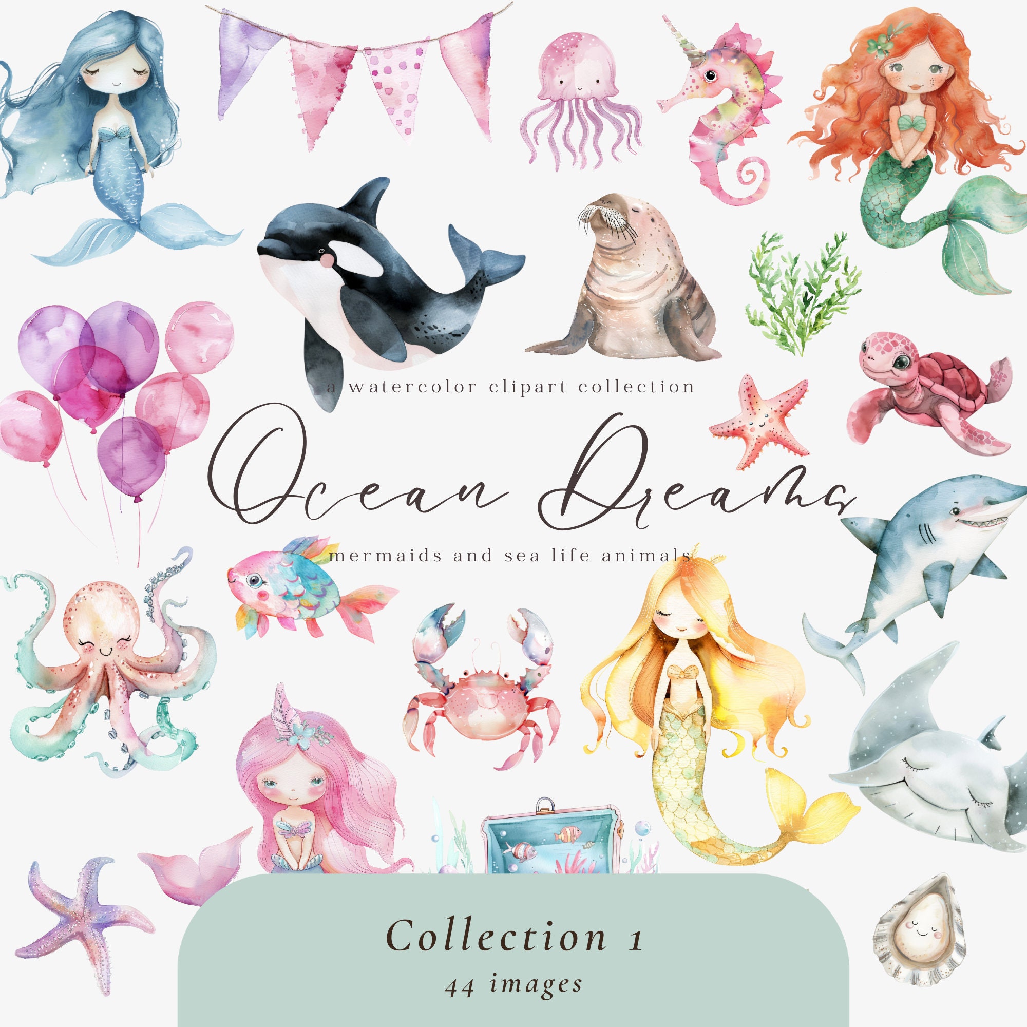 Mermaid Clipart Watercolor Bundle Cute Mermaid Png Under the Sea Ocean ...