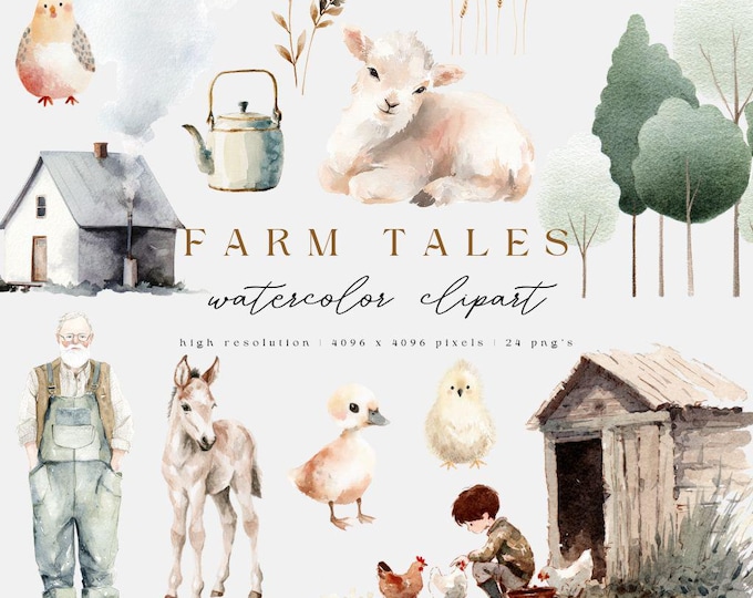 Cute Farm 2. Watercolor Country Clipart, Pig, Sheep, Chick, Dog, Puppy ...