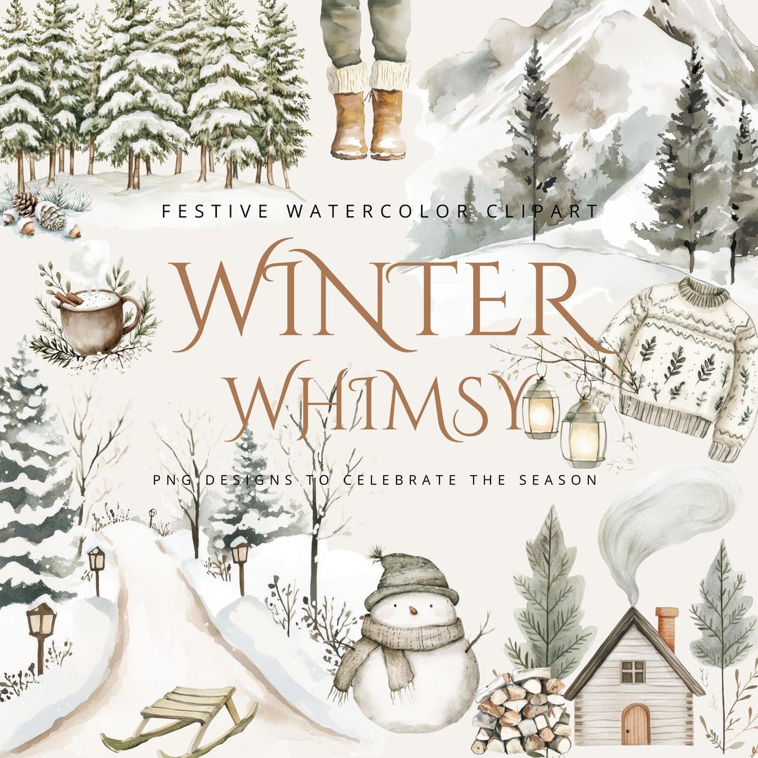 Festive Winter Watercolor Clipart, Cosy Winter Seasonal Clipart, Skandi ...