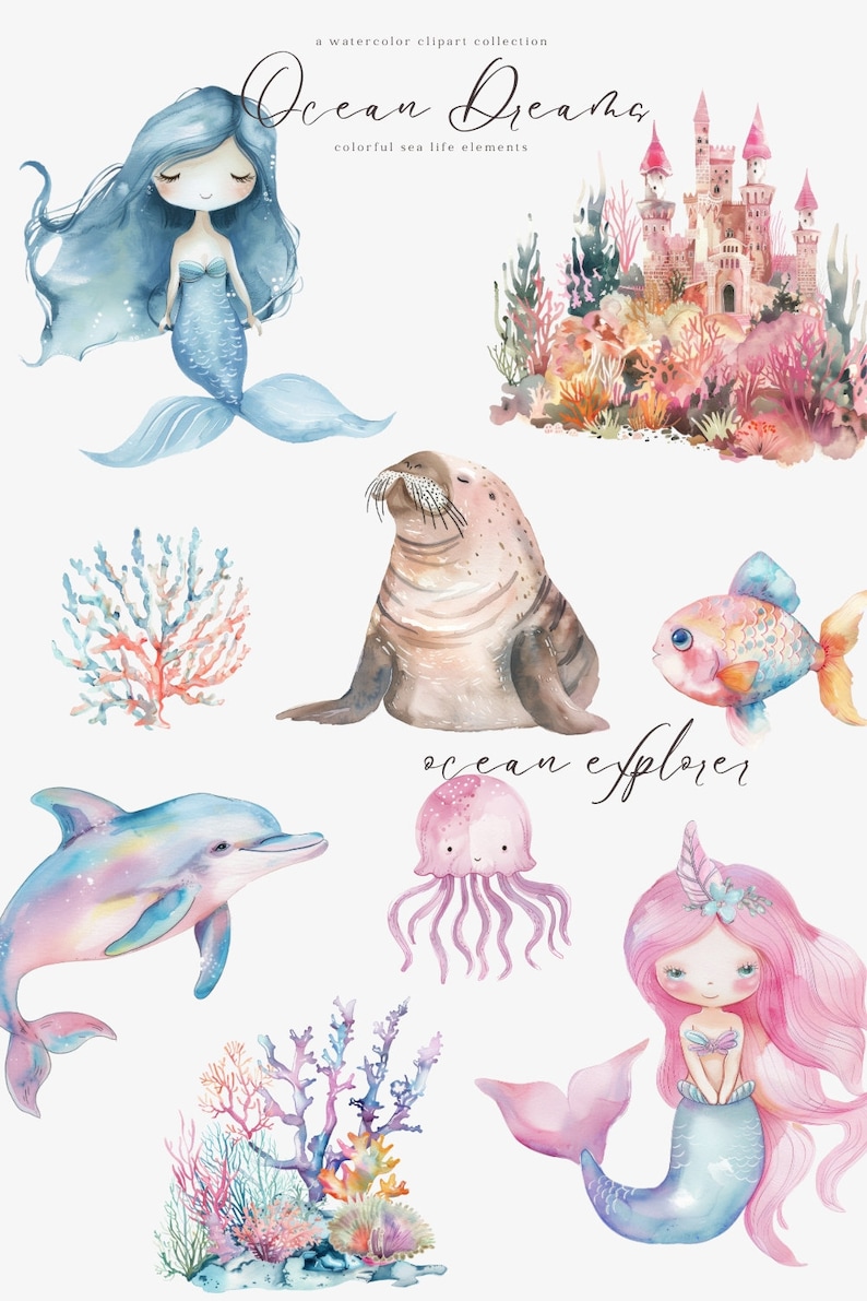 Ocean Clipart Under the Sea Watercolor Clipart Little Mermaid PNG Cute ...