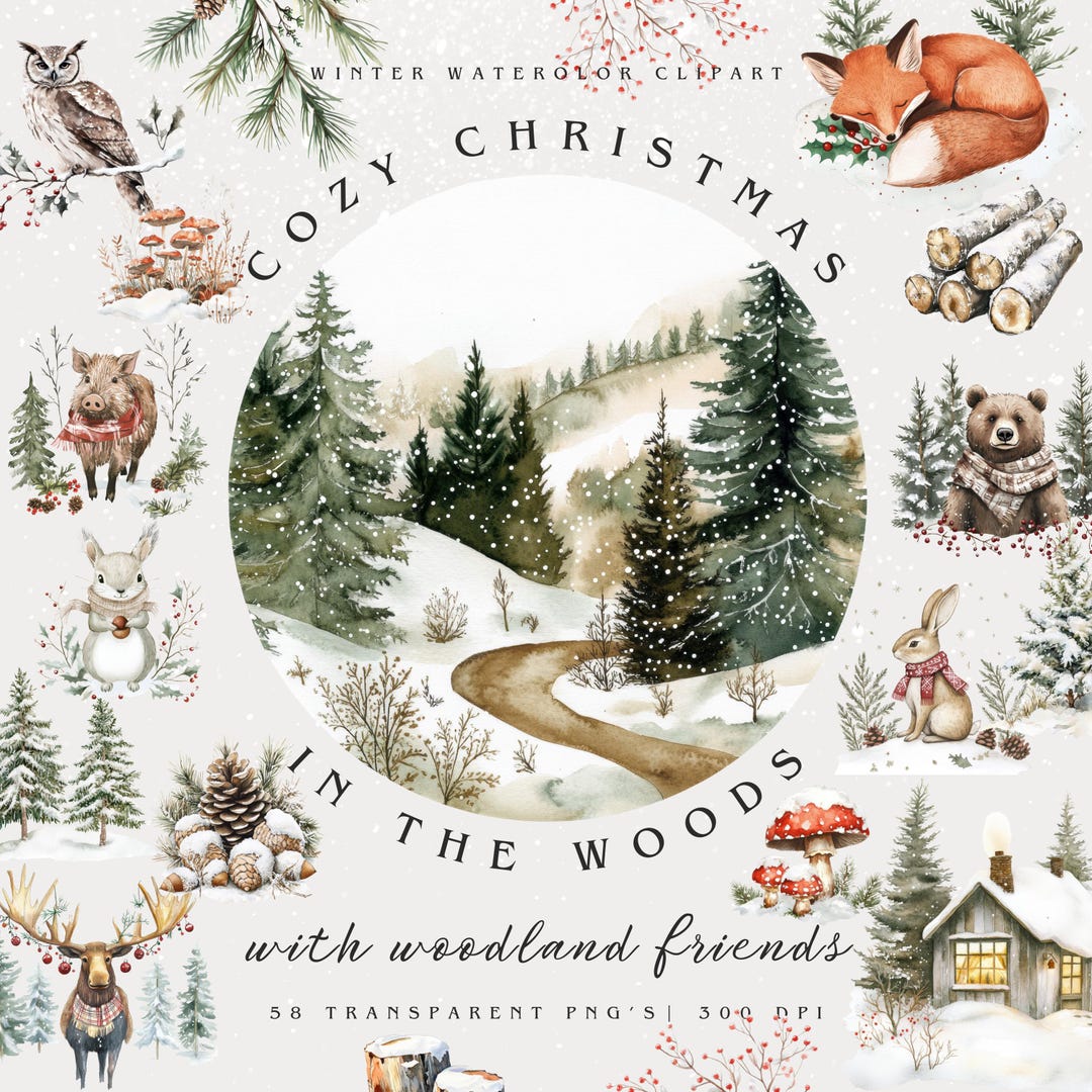 Christmas Watercolor Woodland Clipart, Winter Woodland Forest Animals ...
