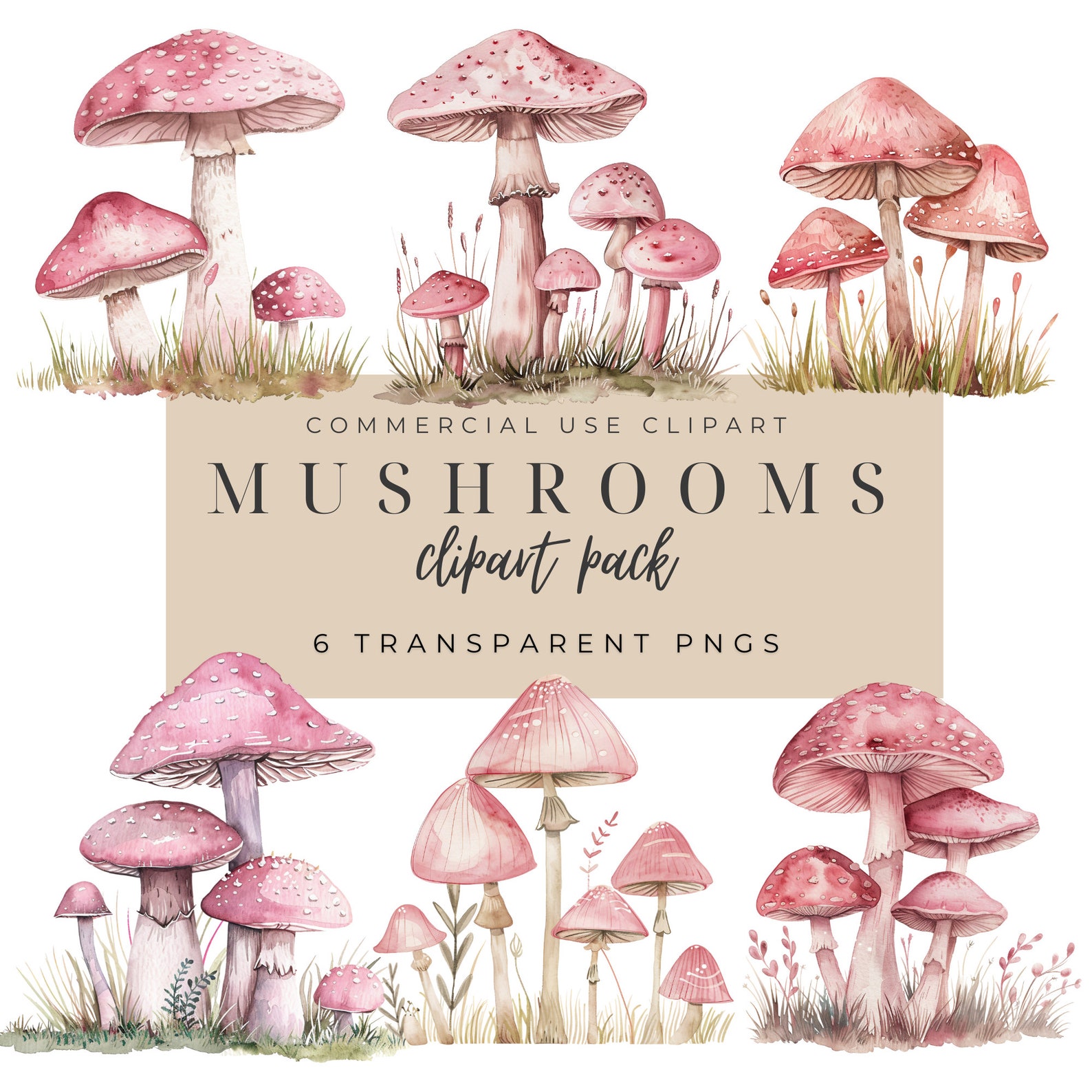 Mushroom Clipart Watercolor Pink Mushrooms Png Mushrooms Bundle Fairy ...