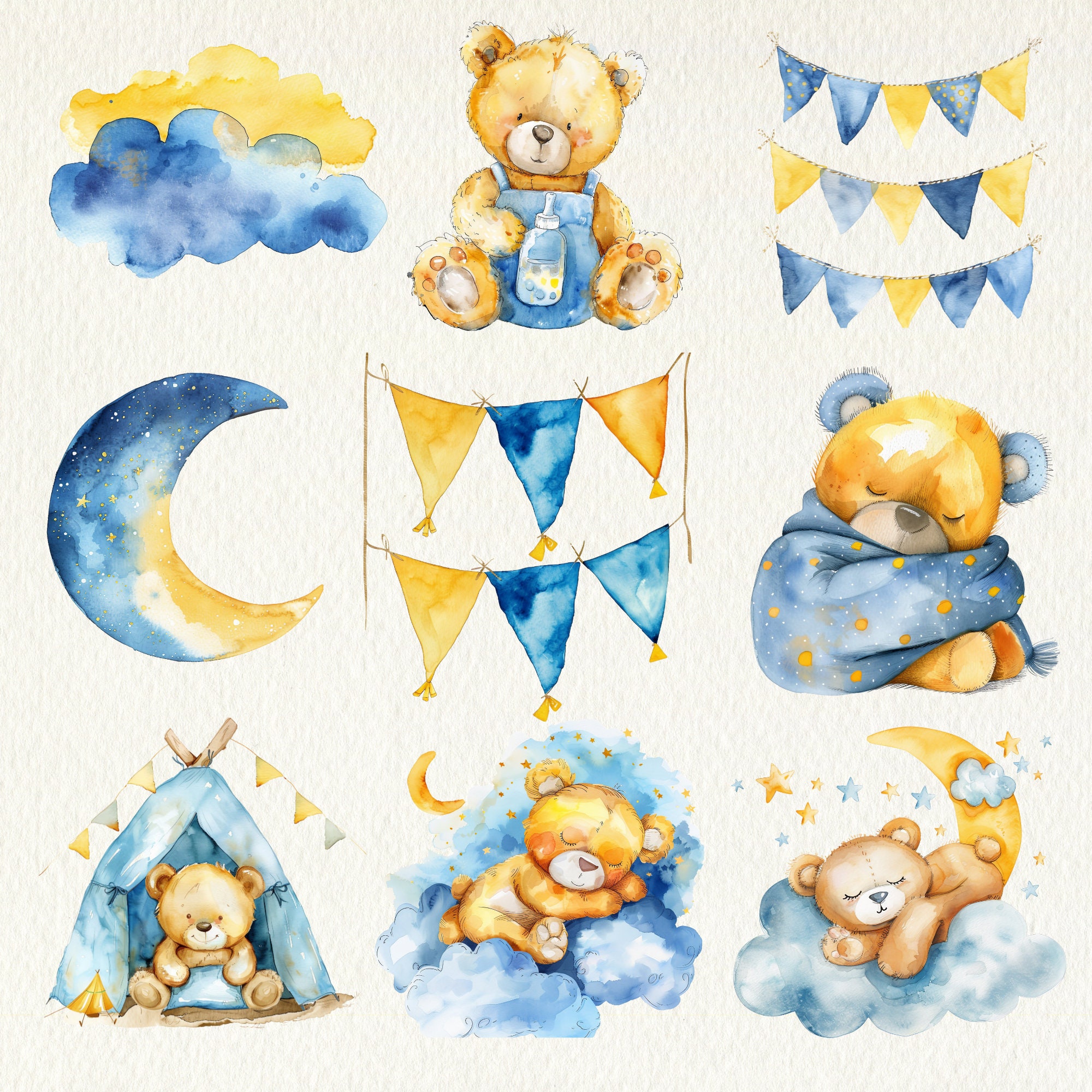 Blue Teddy Bear Clipart Pack Baby Shower Cute Teddy Nursery Decor ...