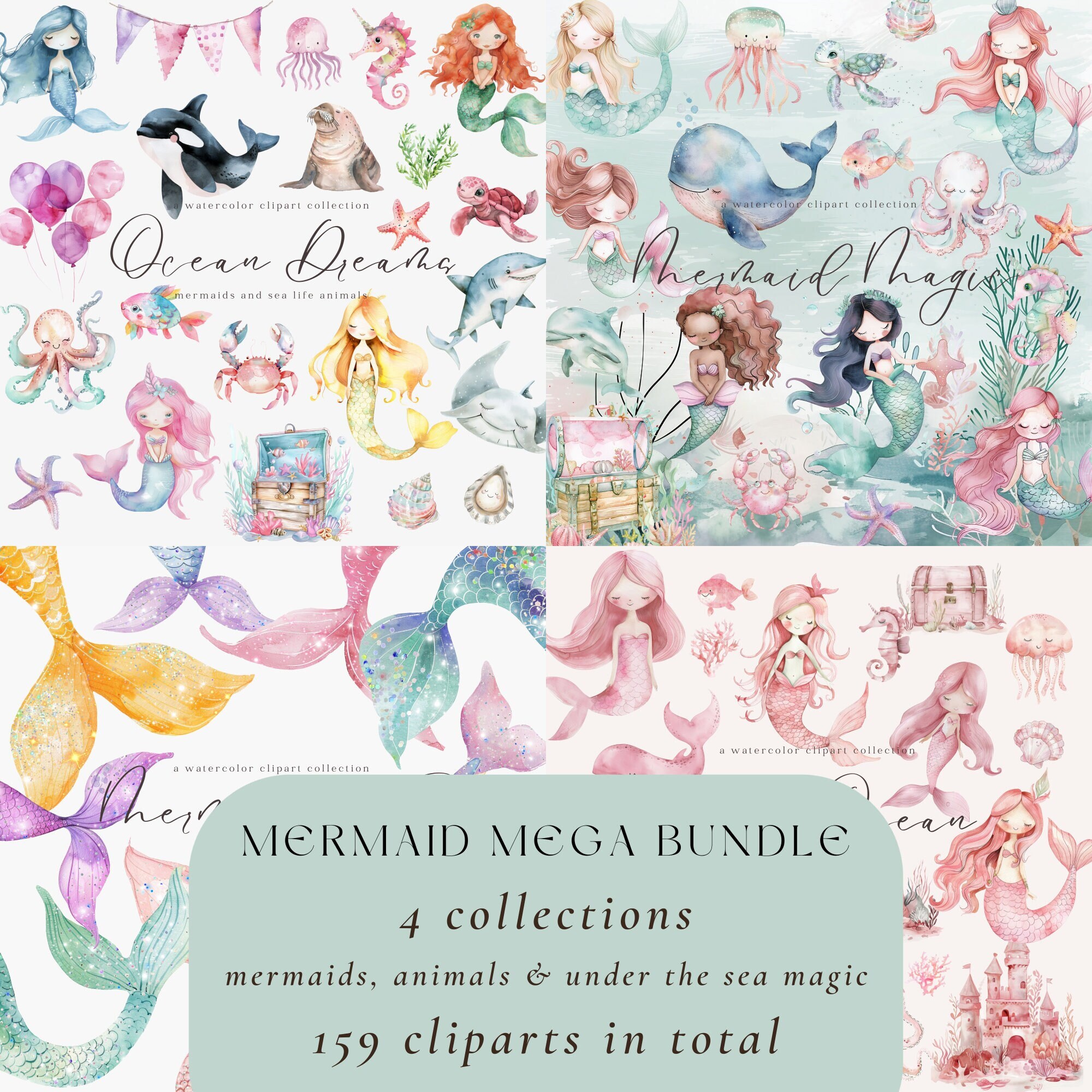 Mermaid Clipart Watercolor Bundle Cute Mermaid Png Under the Sea Ocean ...