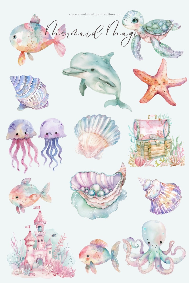 Mermaid Clipart Watercolor Cute Mermaid Png Under the Sea Ocean Animals ...