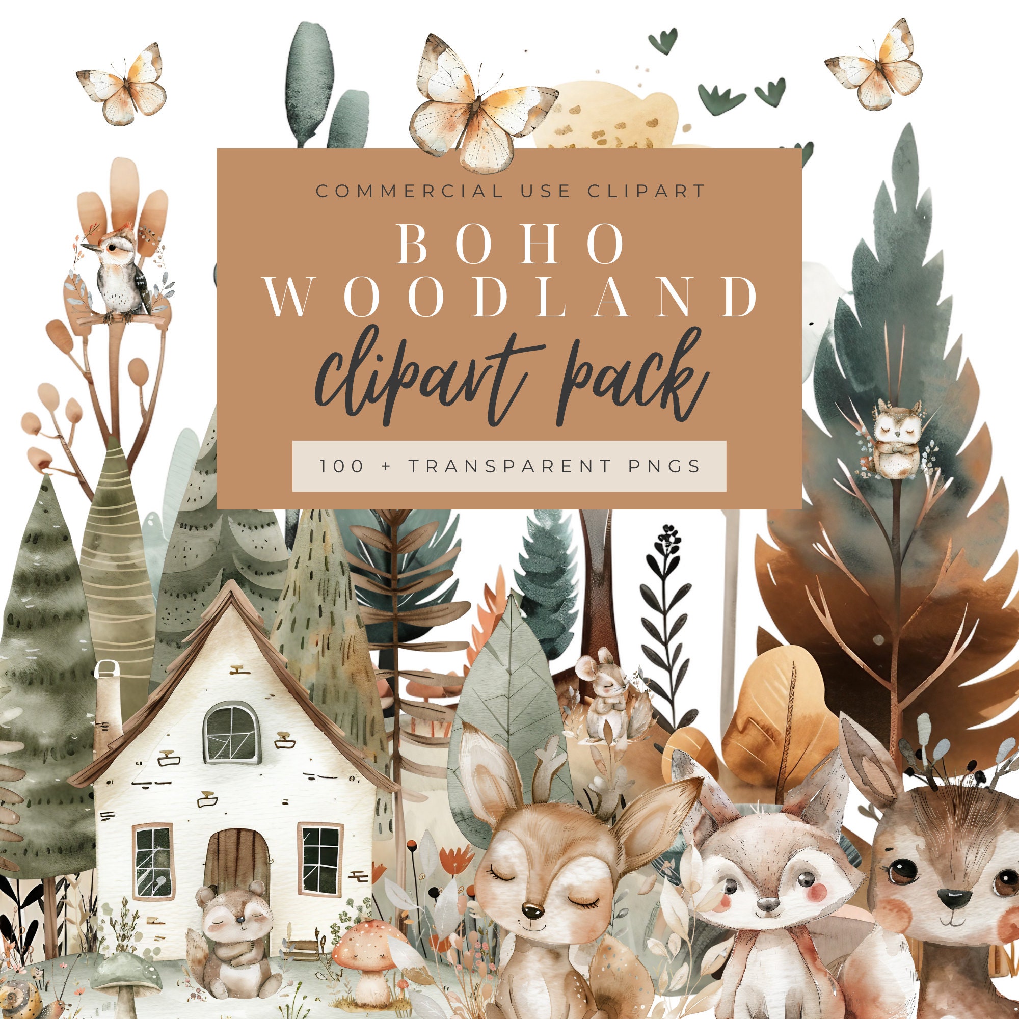 Boho Woodland Animals Clipart Watercolor Bundle Cute Forest Clipart ...