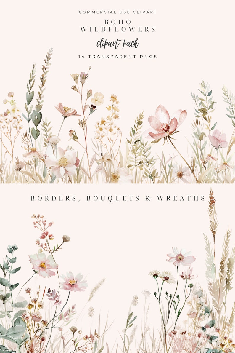 Watercolor Wildflower Boho Floral Clipart Botanical Watercolor Flower ...