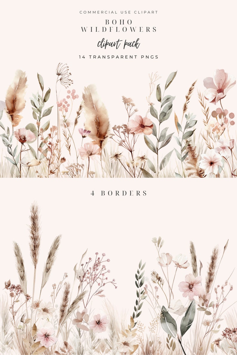 Watercolor Wildflower Boho Floral Clipart Botanical Watercolor Flower ...
