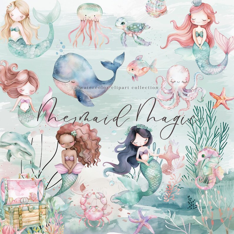 Mermaid Clipart Watercolor Cute Mermaid Png Under the Sea Ocean Animals ...