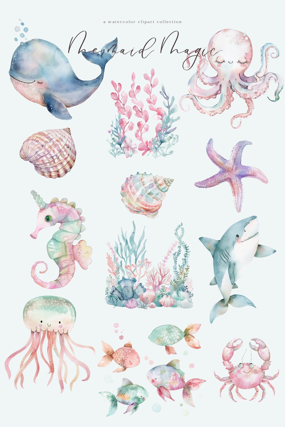 Mermaid Clipart Watercolor Cute Mermaid Png Under the Sea Ocean Animals ...